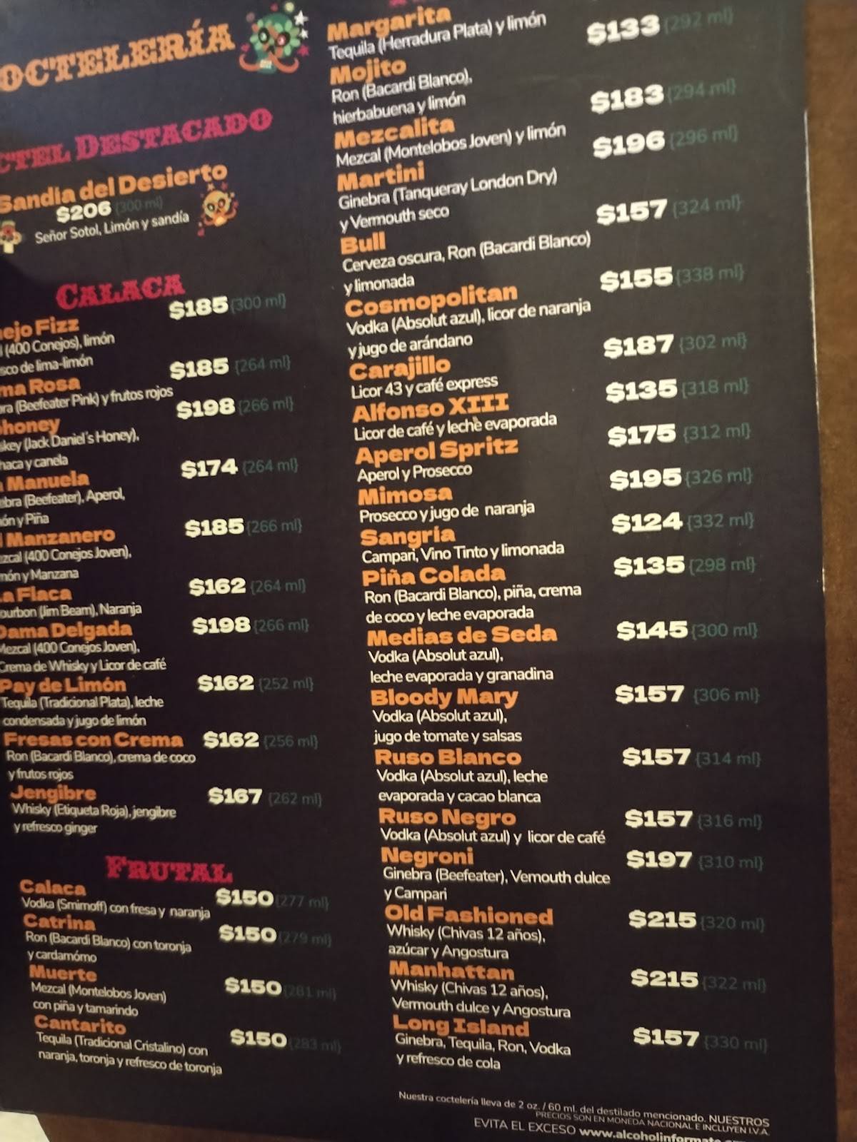 Carta del restaurante La Calaca, Ciudad del México, Centenario 2