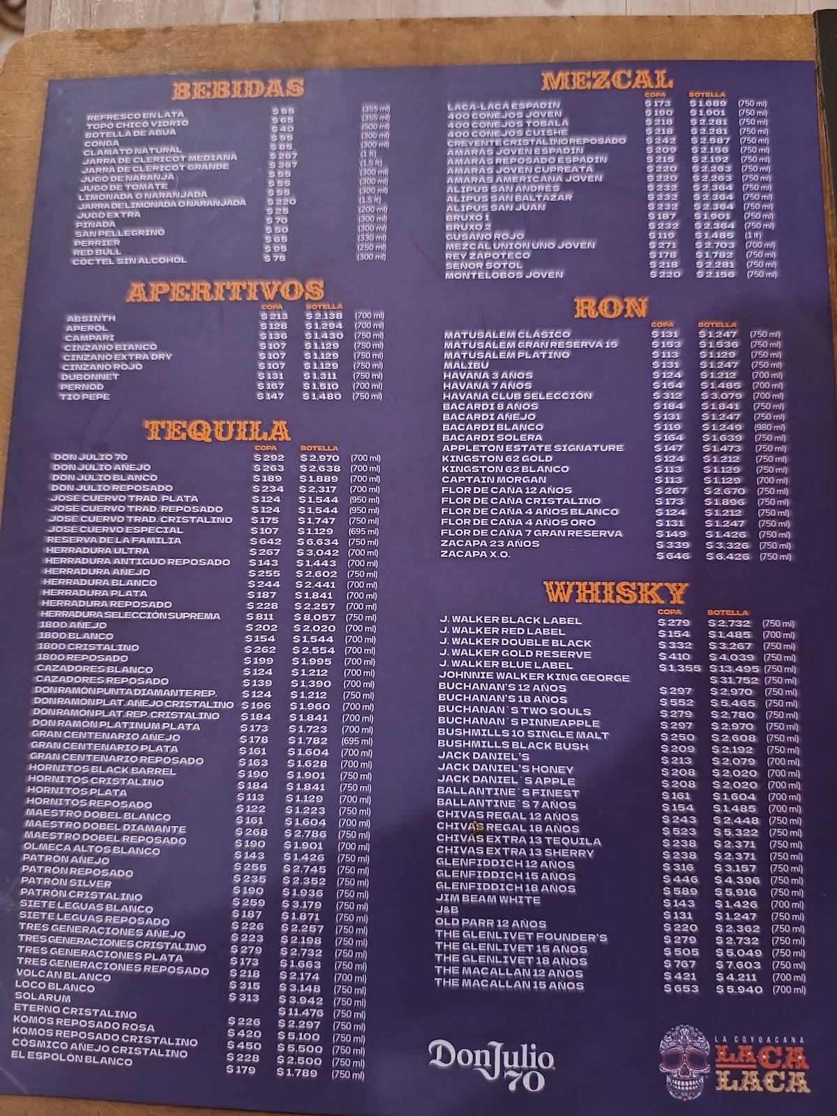 Menu at La Calaca restaurant, Mexico City, Centenario 2