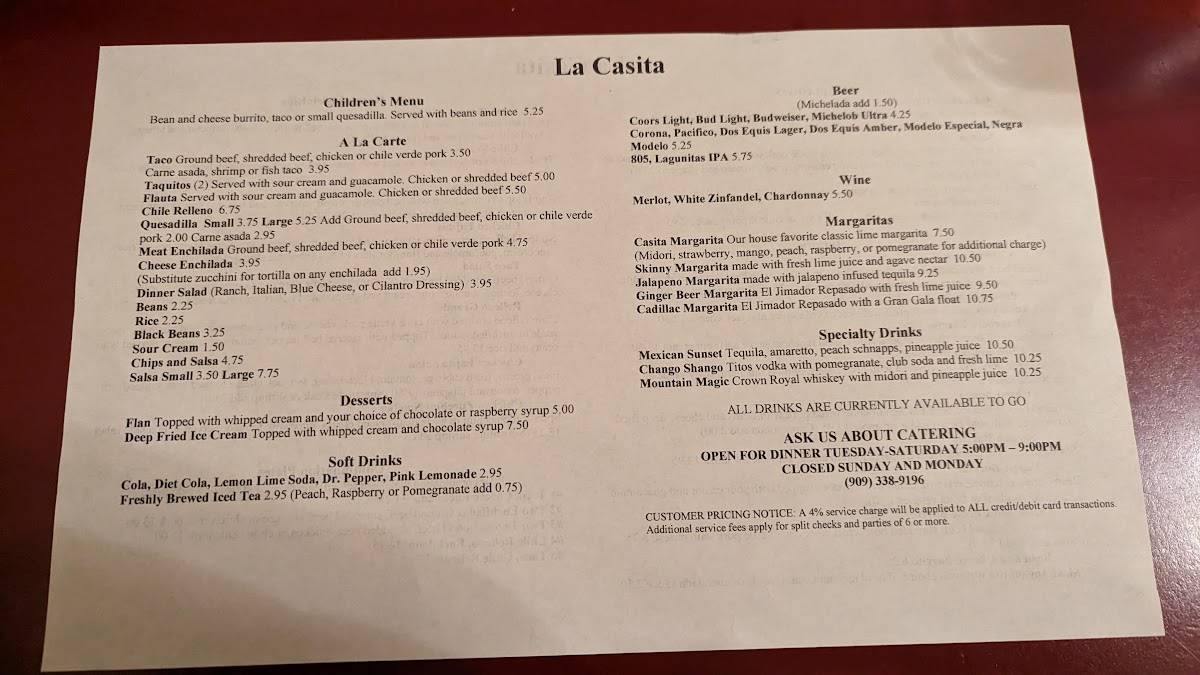 Menu at La Casita Crestline restaurant, Crestline