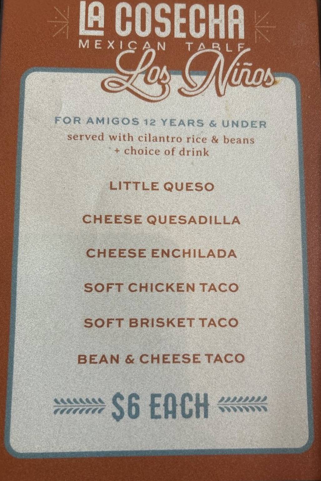 Menu at La Cosecha Mexican Table pub & bar, New Braunfels