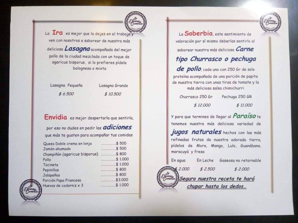 Carta del restaurante La Divina Comida, Bogotá