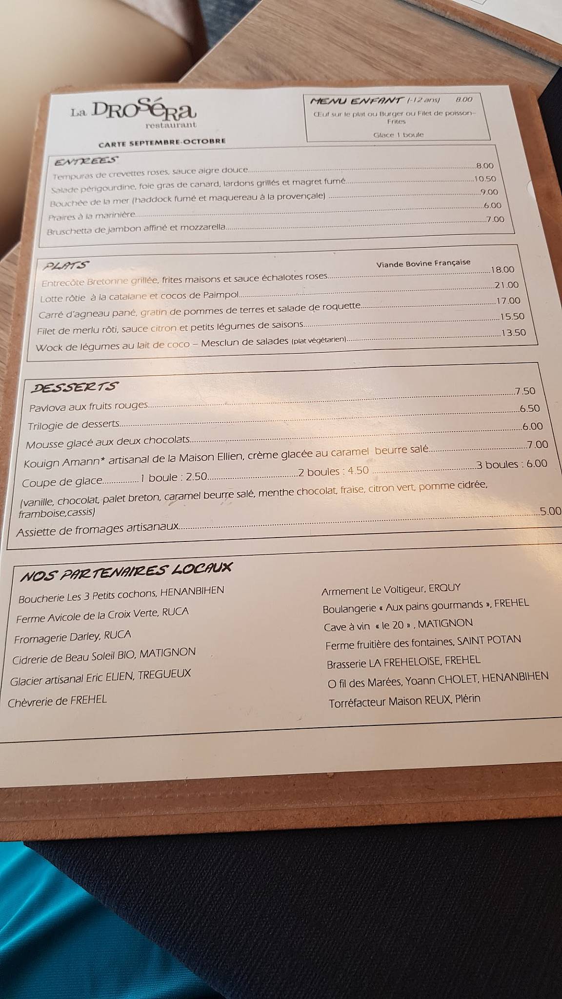 Menu au La Drosera restaurant, Fréhel
