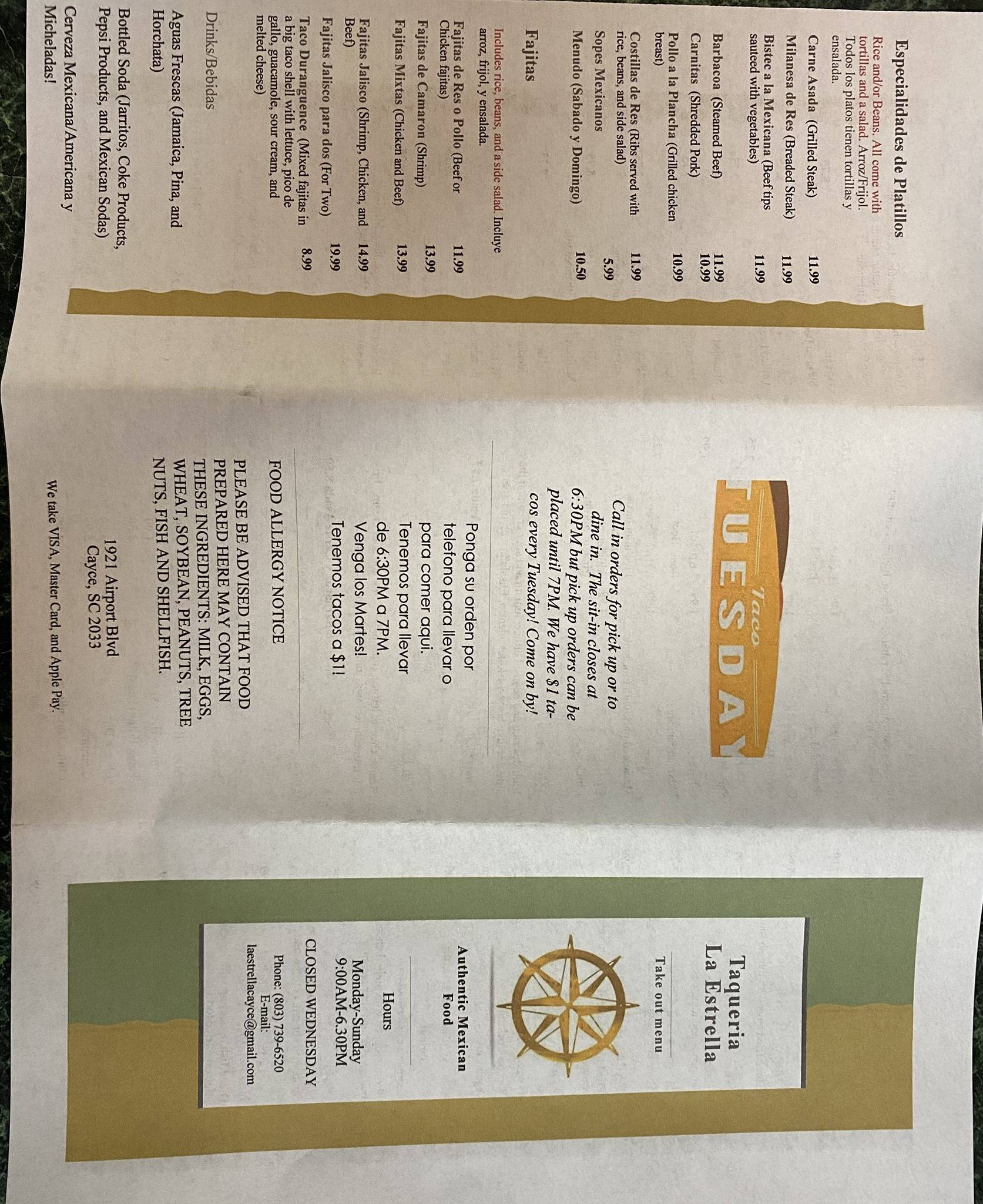Menu at La Estrella (Grocery & Restaurant), Cayce