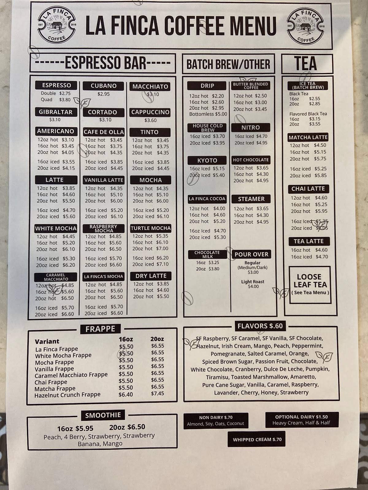 Menu at La Finca Coffee restaurant, St. Louis