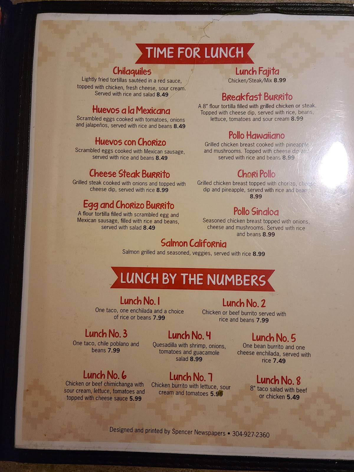 Menu at La Finca restaurant, Spencer, Ripley Rd