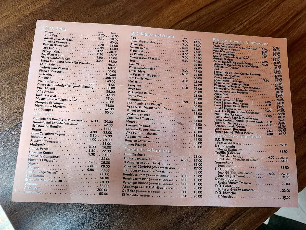Carta del pub y bar La Fresa, Salamanca