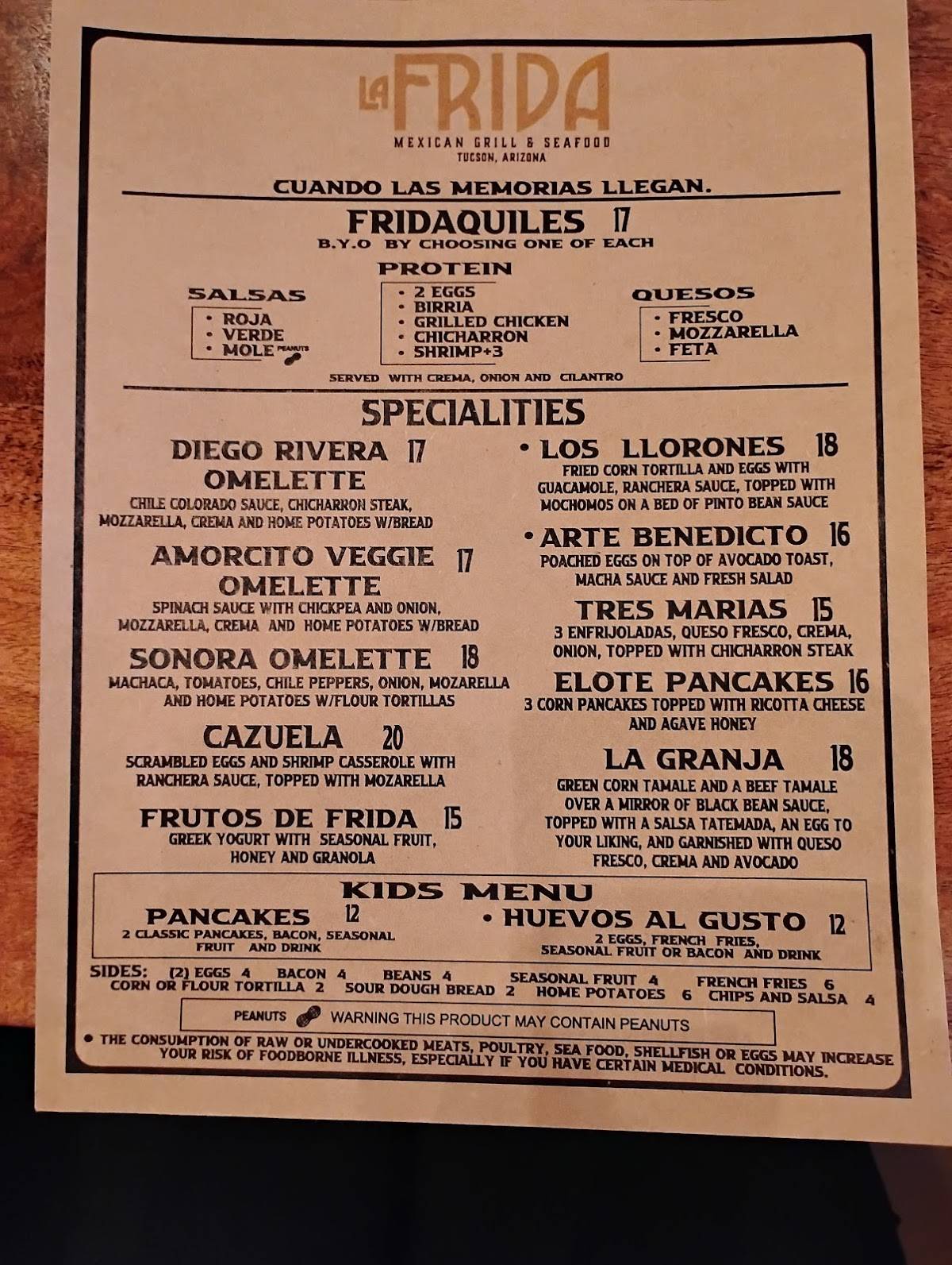 Menu at La Frida Mexican Grill & Seafood pub & bar, Tucson