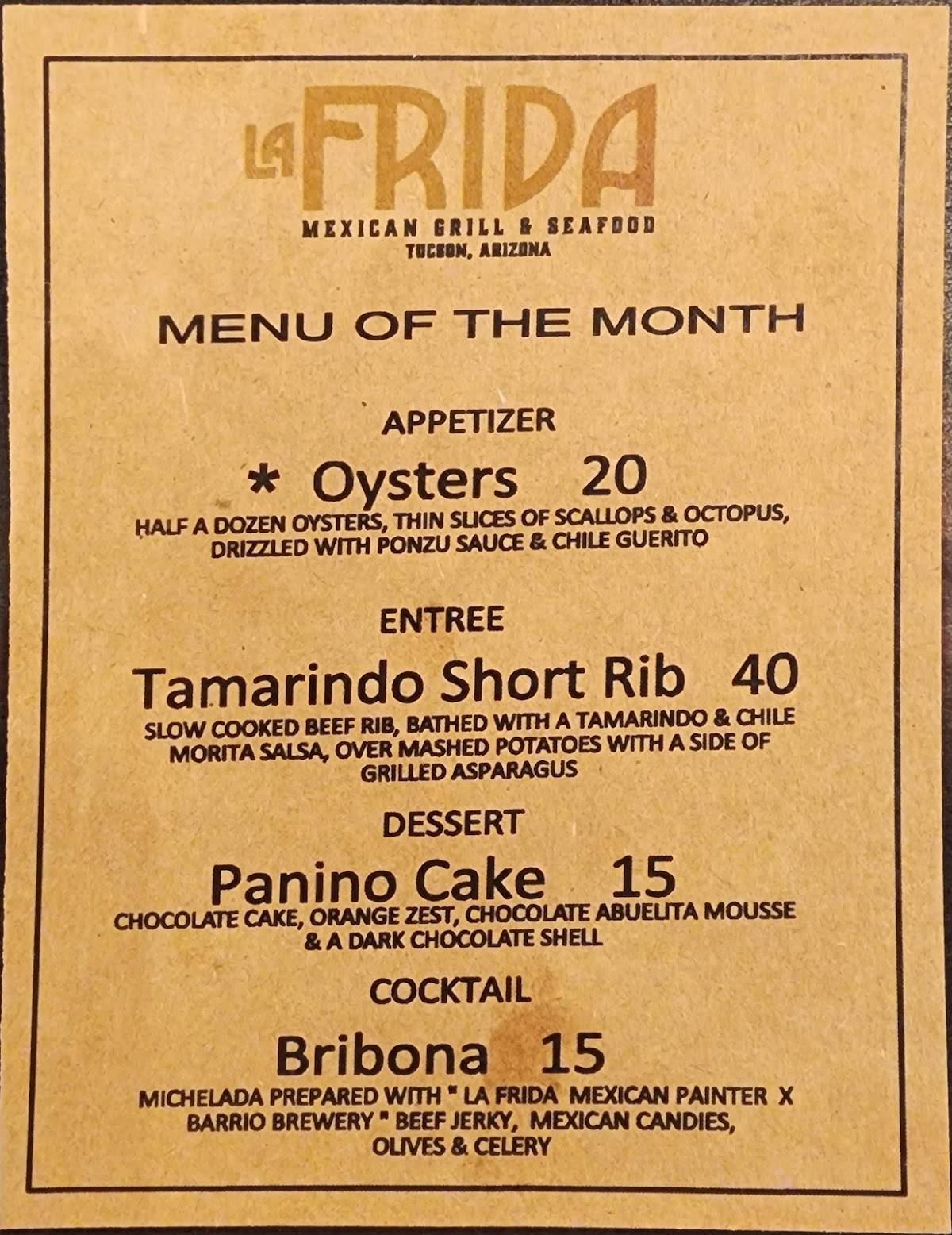 Menu at La Frida Mexican Grill & Seafood pub & bar, Tucson