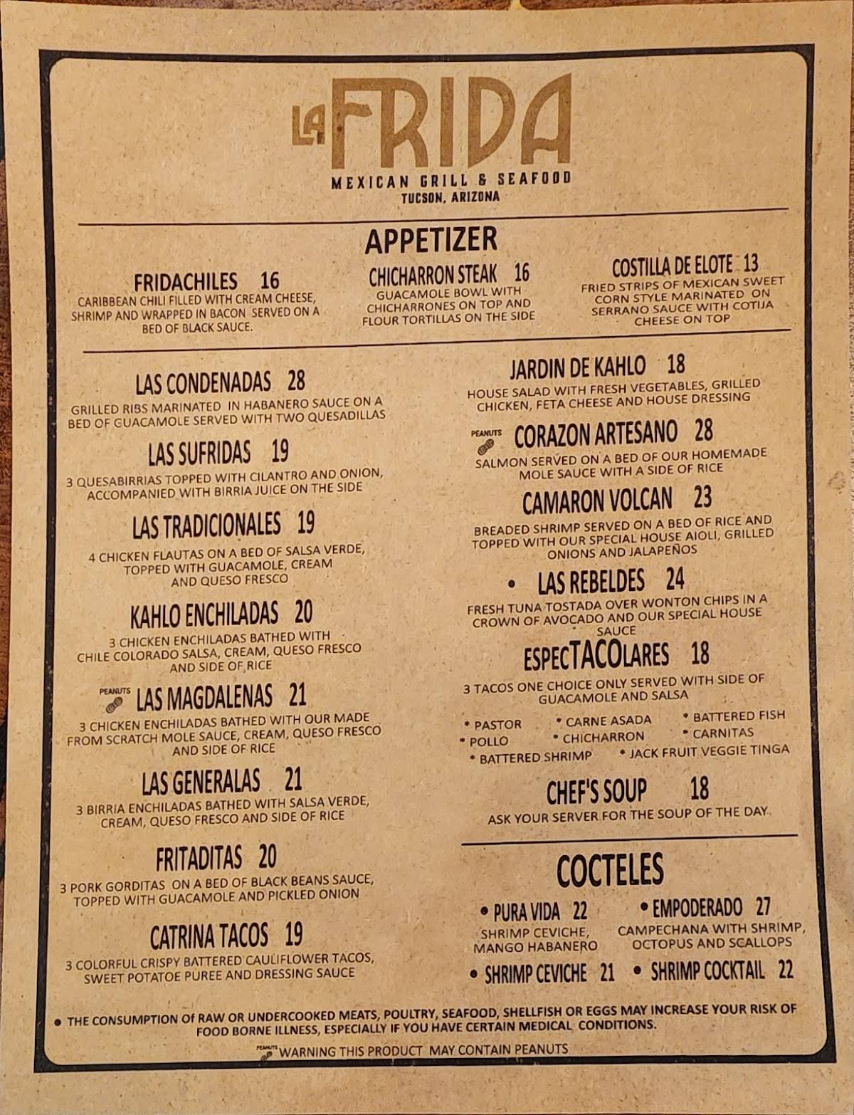 Menu at La Frida Mexican Grill & Seafood pub & bar, Tucson