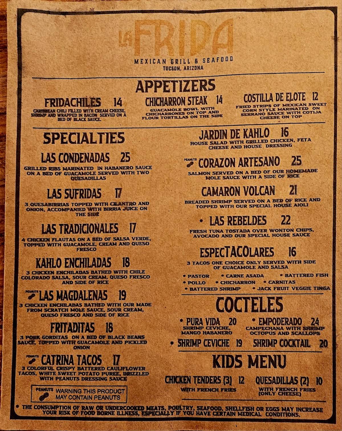 Menu at La Frida Mexican Grill & Seafood pub & bar, Tucson