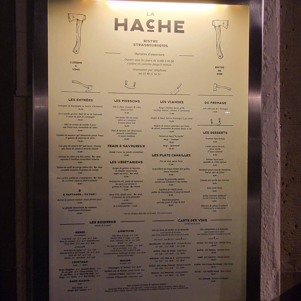 Menu at La Hache restaurant, Strasbourg