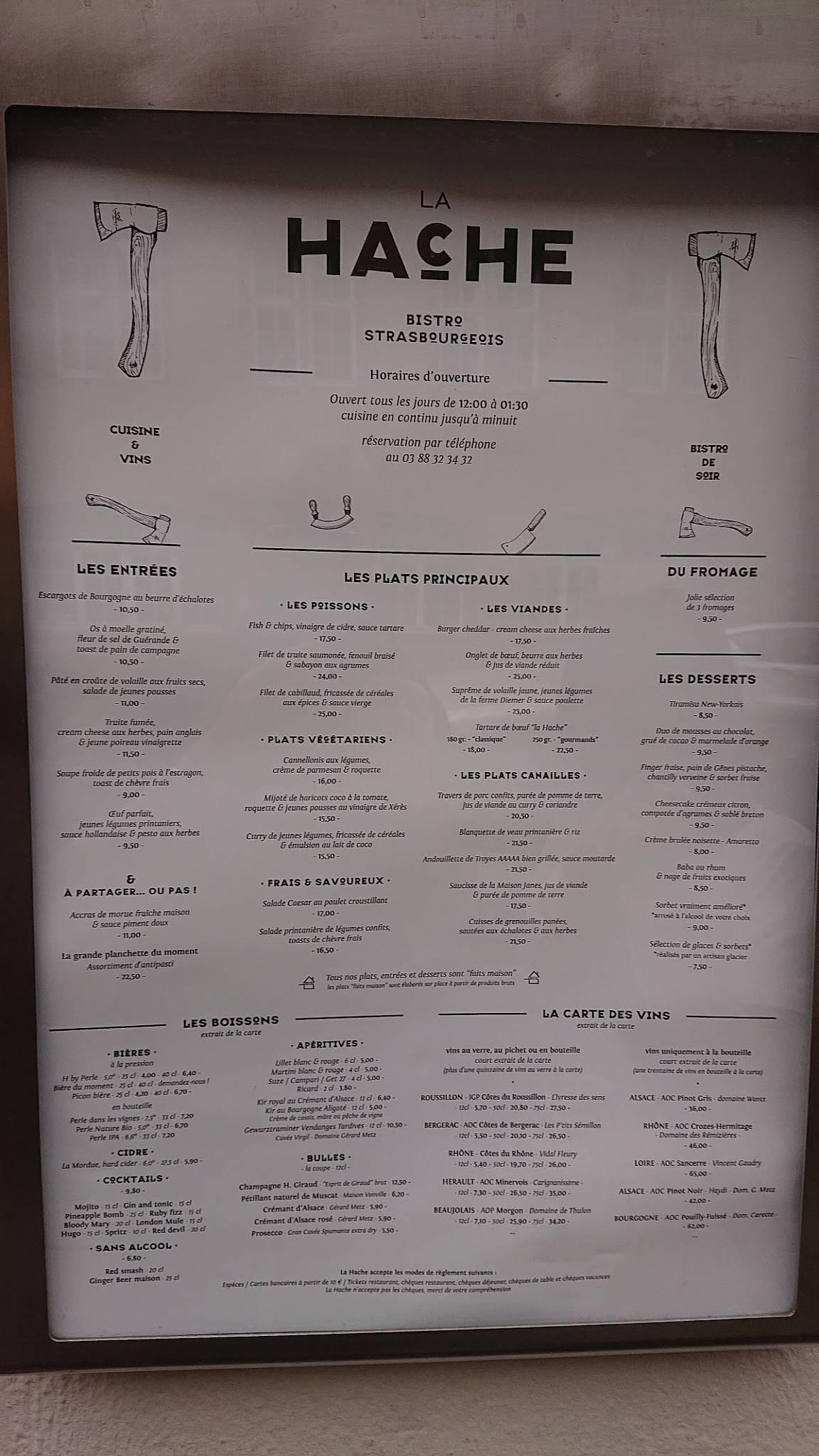 Menu au La Hache restaurant, Strasbourg