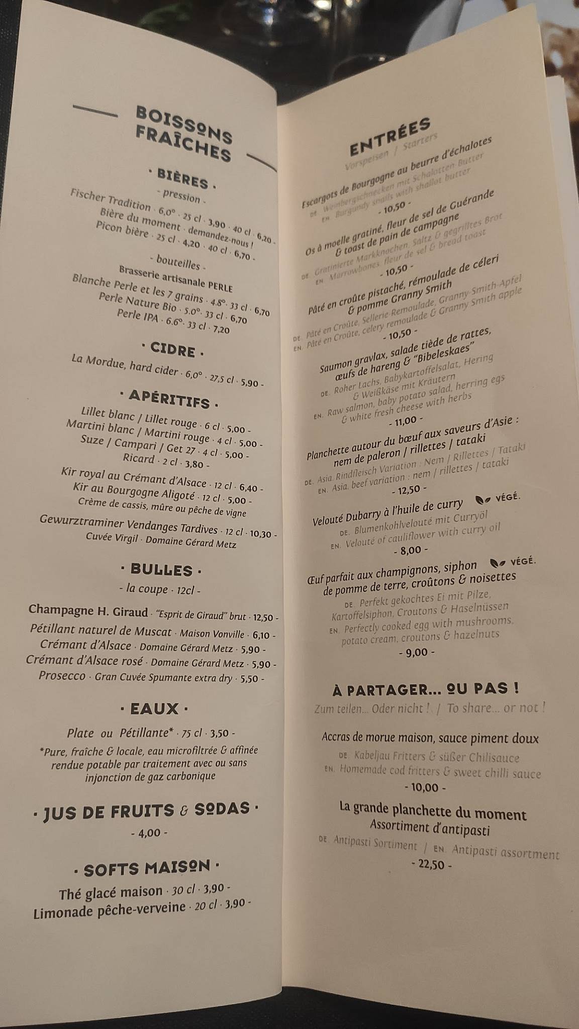 Menu au La Hache restaurant, Strasbourg