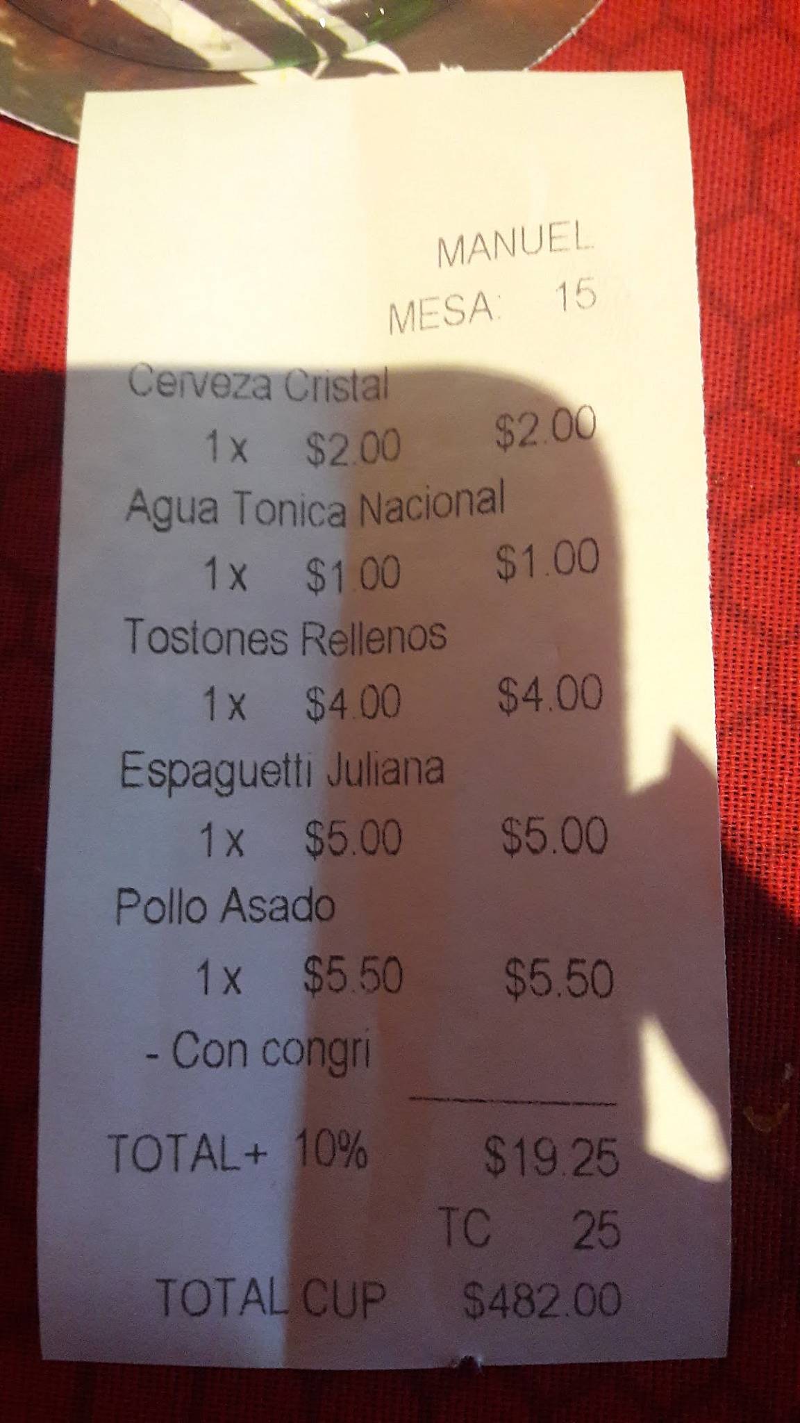 Menu at La Juliana restaurant, Havana