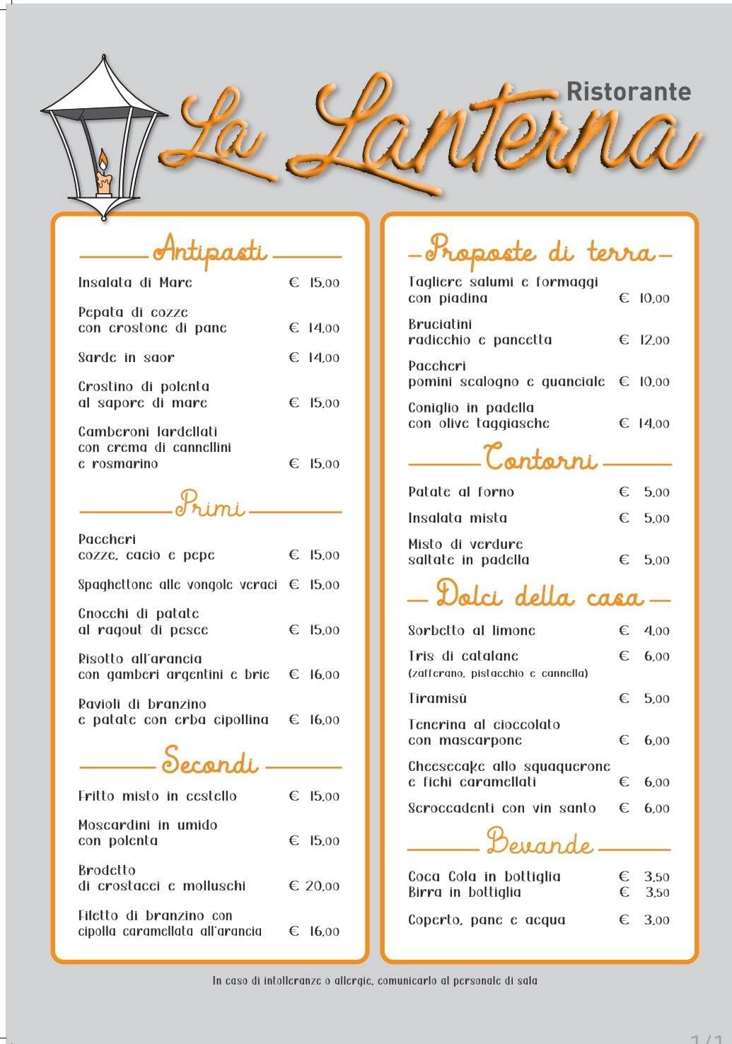 Menu da La Lanterna ristorante, Brisighella