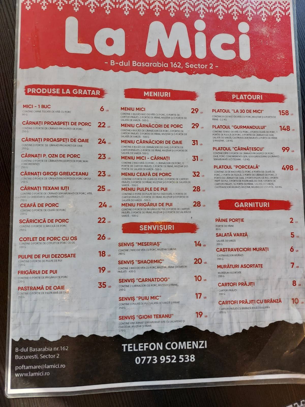 Menu at La MICI, Bucharest