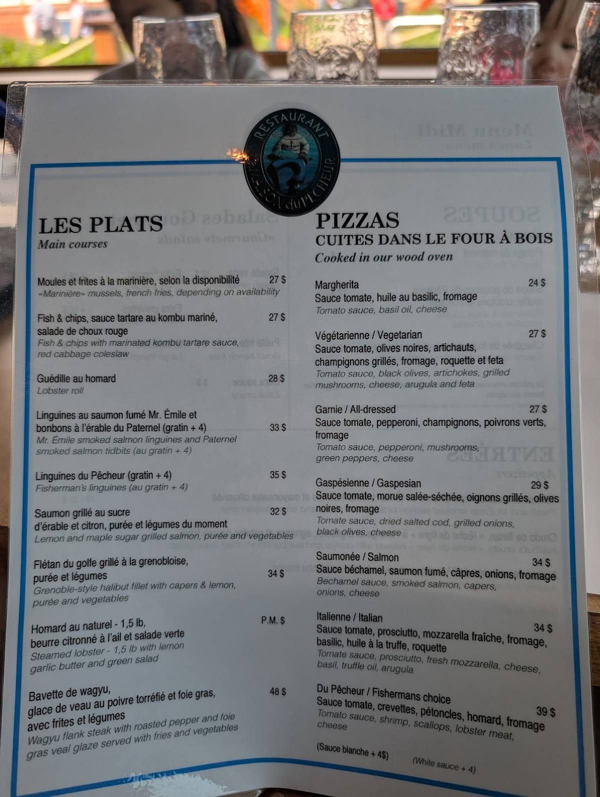 Menu au La Maison du Pêcheur restaurant, Percé