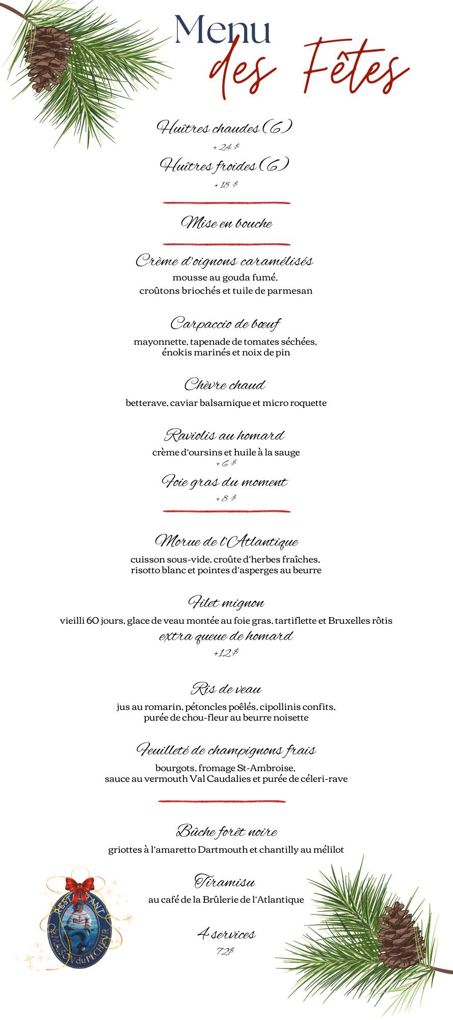 Menu au La Maison du Pêcheur restaurant, Percé