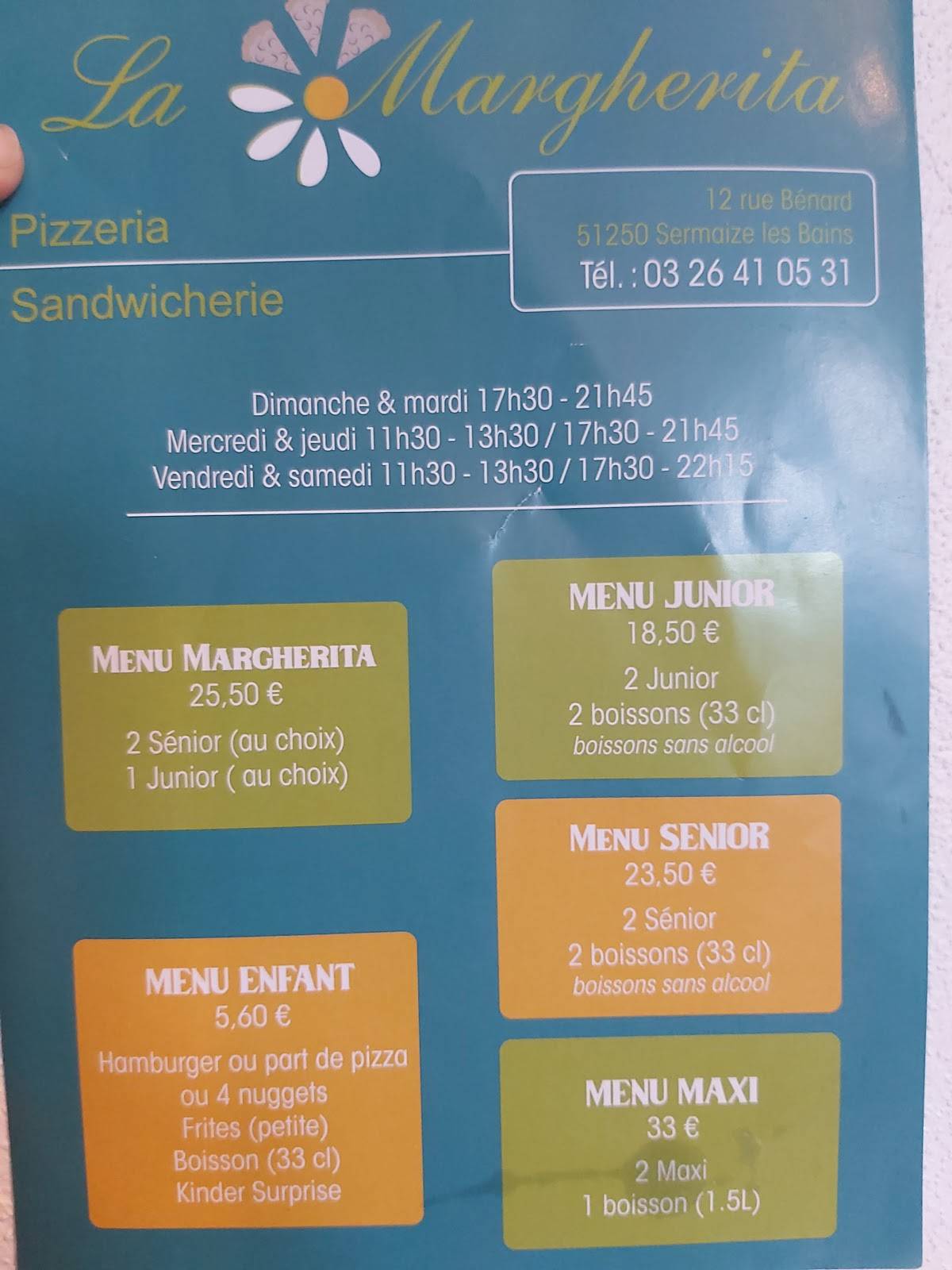 Menu au La Margherita restaurant, Sermaize-les-Bains