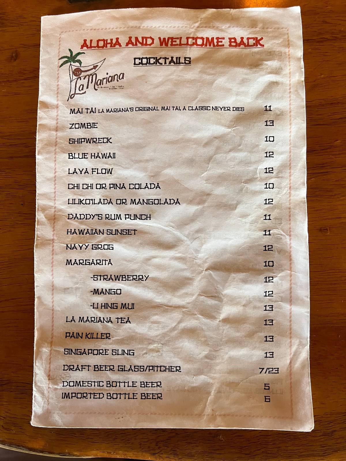 Menu at La Mariana Sailing Club, Honolulu, 50 Sand Island Access Rd