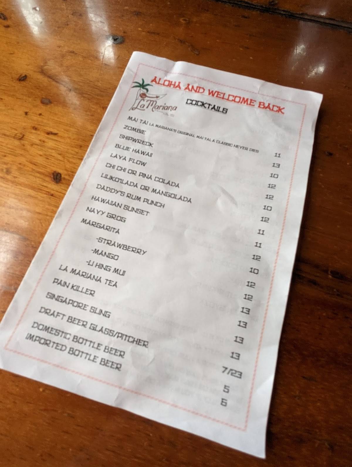 Menu at La Mariana Sailing Club, Honolulu, 50 Sand Island Access Rd