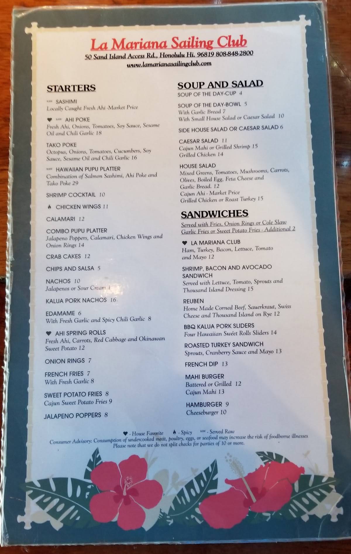 Menu at La Mariana Sailing Club, Honolulu, 50 Sand Island Access Rd