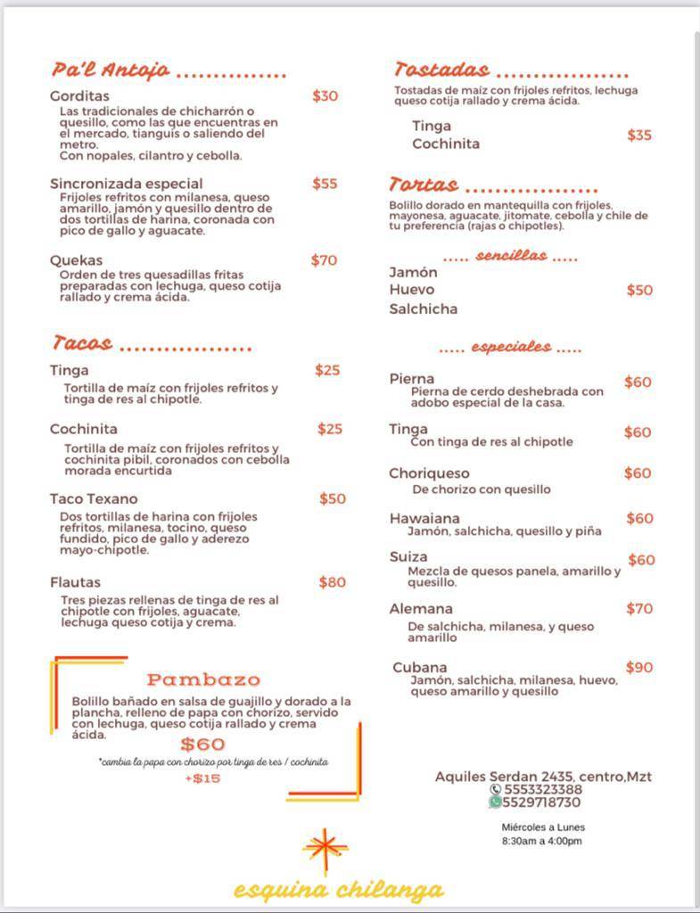 Carta del restaurante La Meche esquina chilanga, Mazatlán