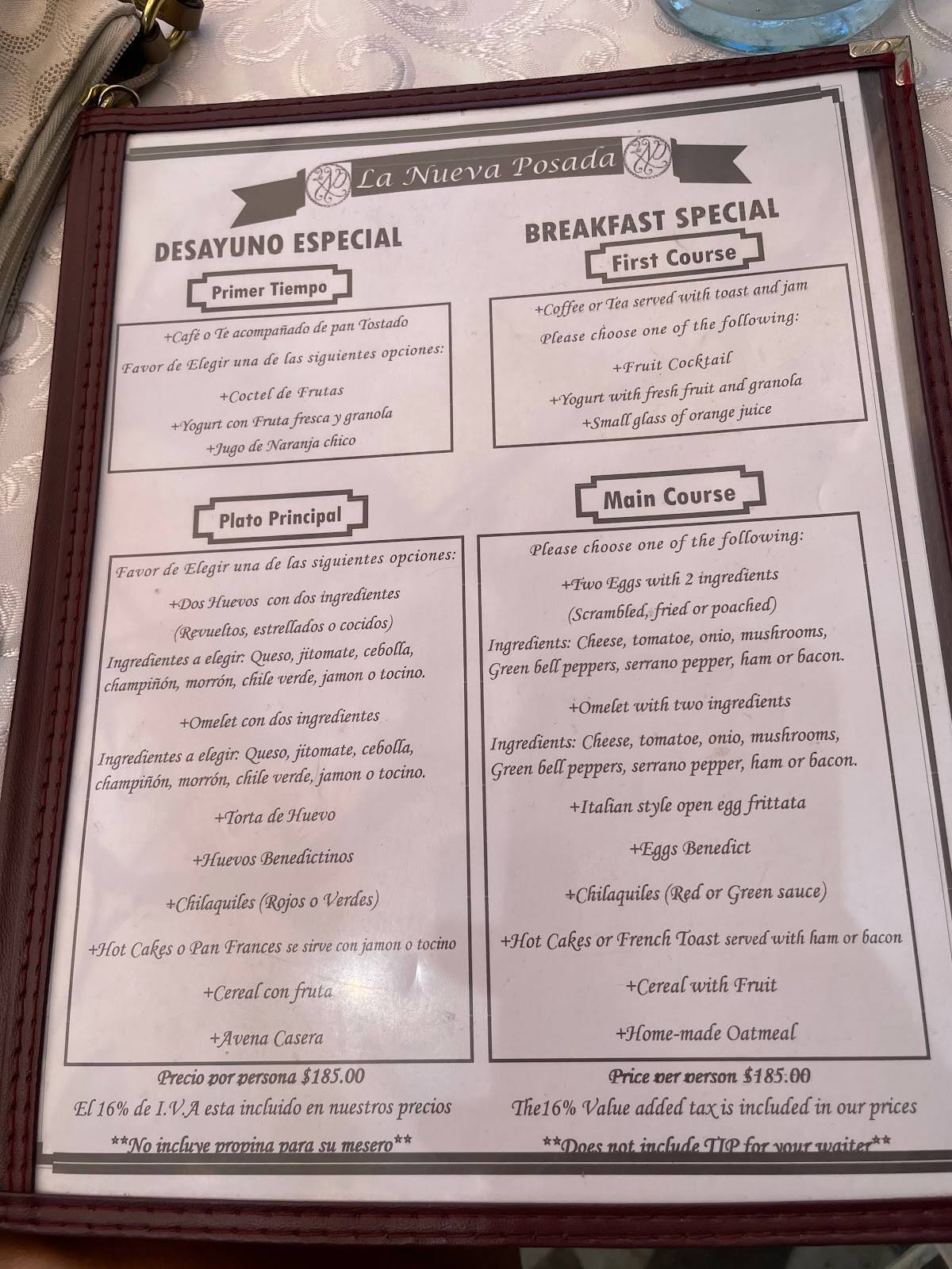 Menu at La Nueva Posada Ajijic restaurant, Ajijic