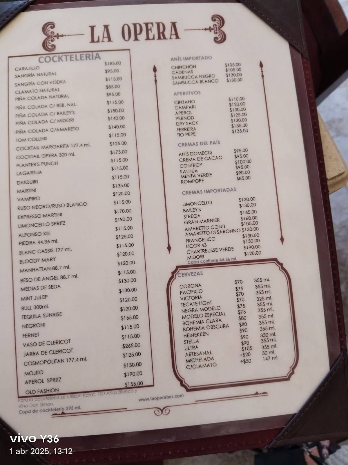 Menu at La Opera pub & bar, Mexico City, Av. 5 de Mayo #10