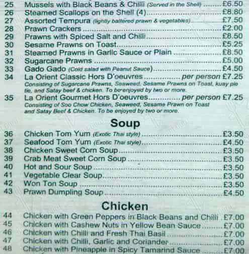 Menu at La Orient restaurant, Esher, 61-65 High St