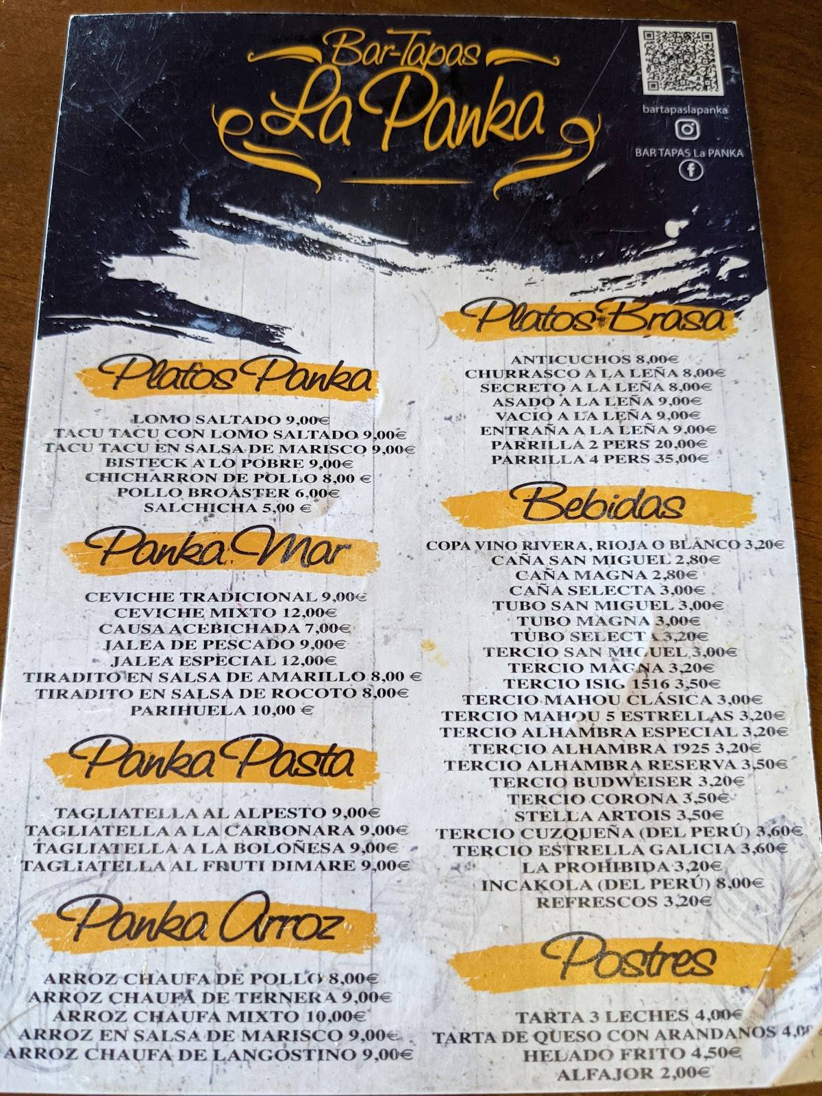 Carta del restaurante La Panka, Aguadulce