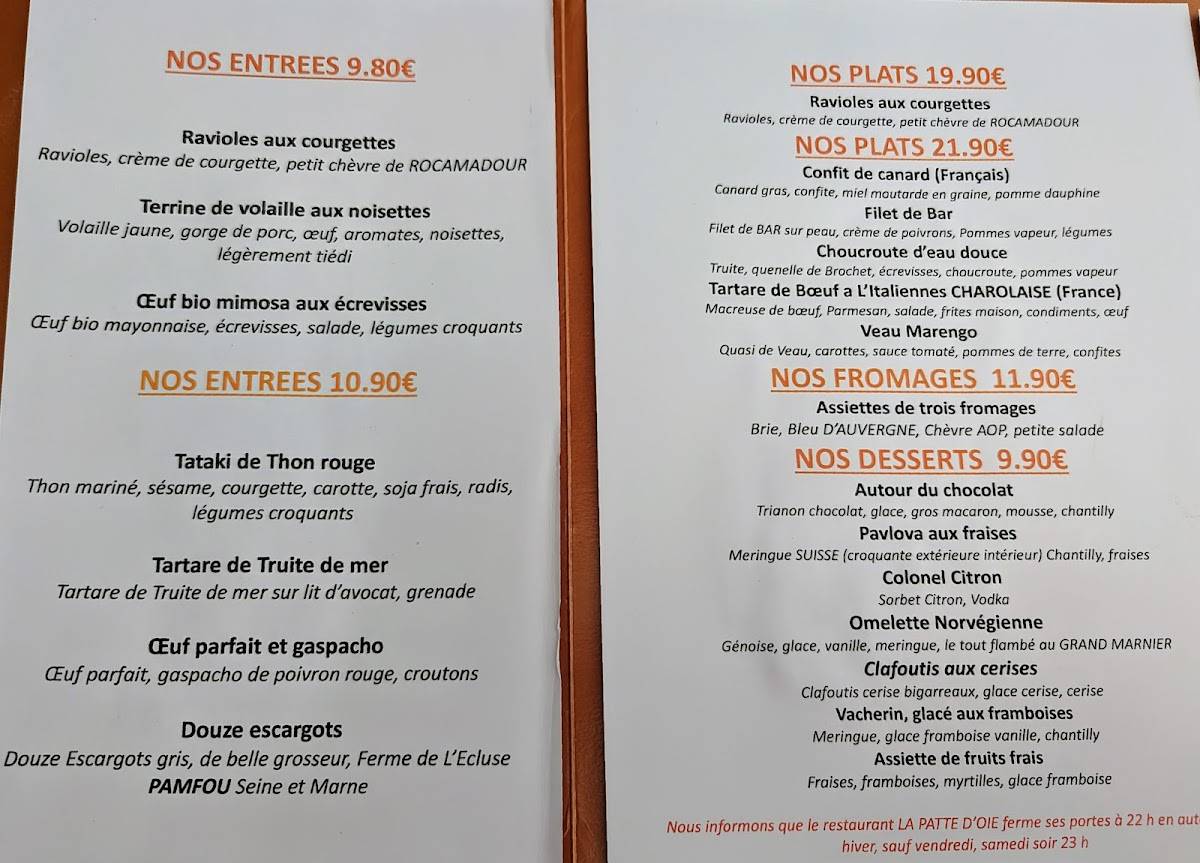 Menu au LA PATTE D' OIE restaurant, Mennecy