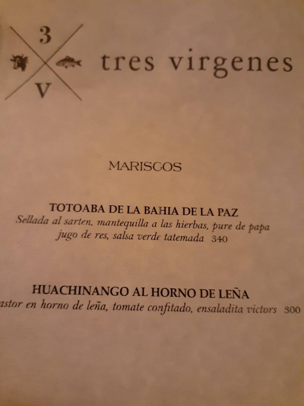 Carta del restaurante Tres Virgenes, La Paz