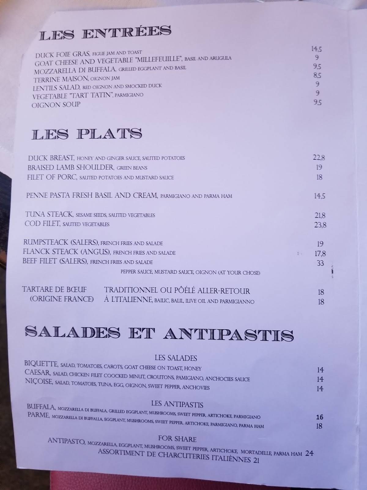 Menu au La Place Royale restaurant, Paris, 2 Bis Pl. des Vosges