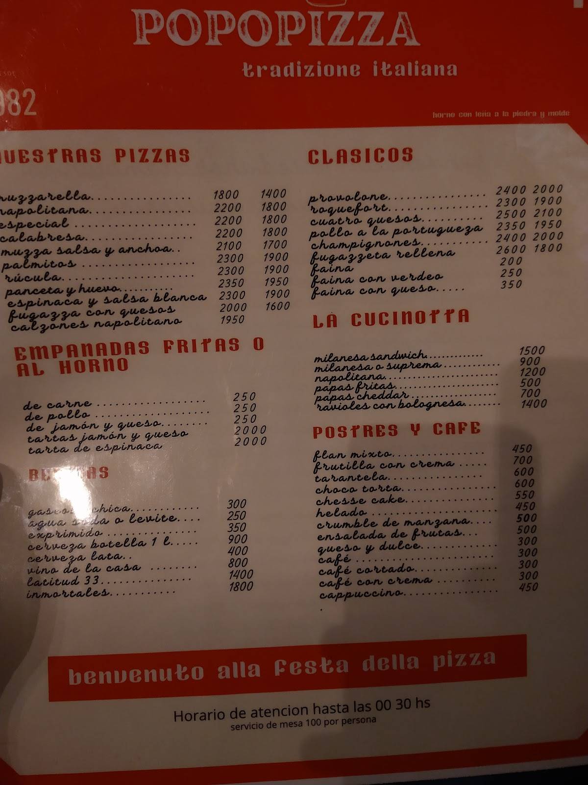 Carta del restaurante Popo Pizza, Cañuelas