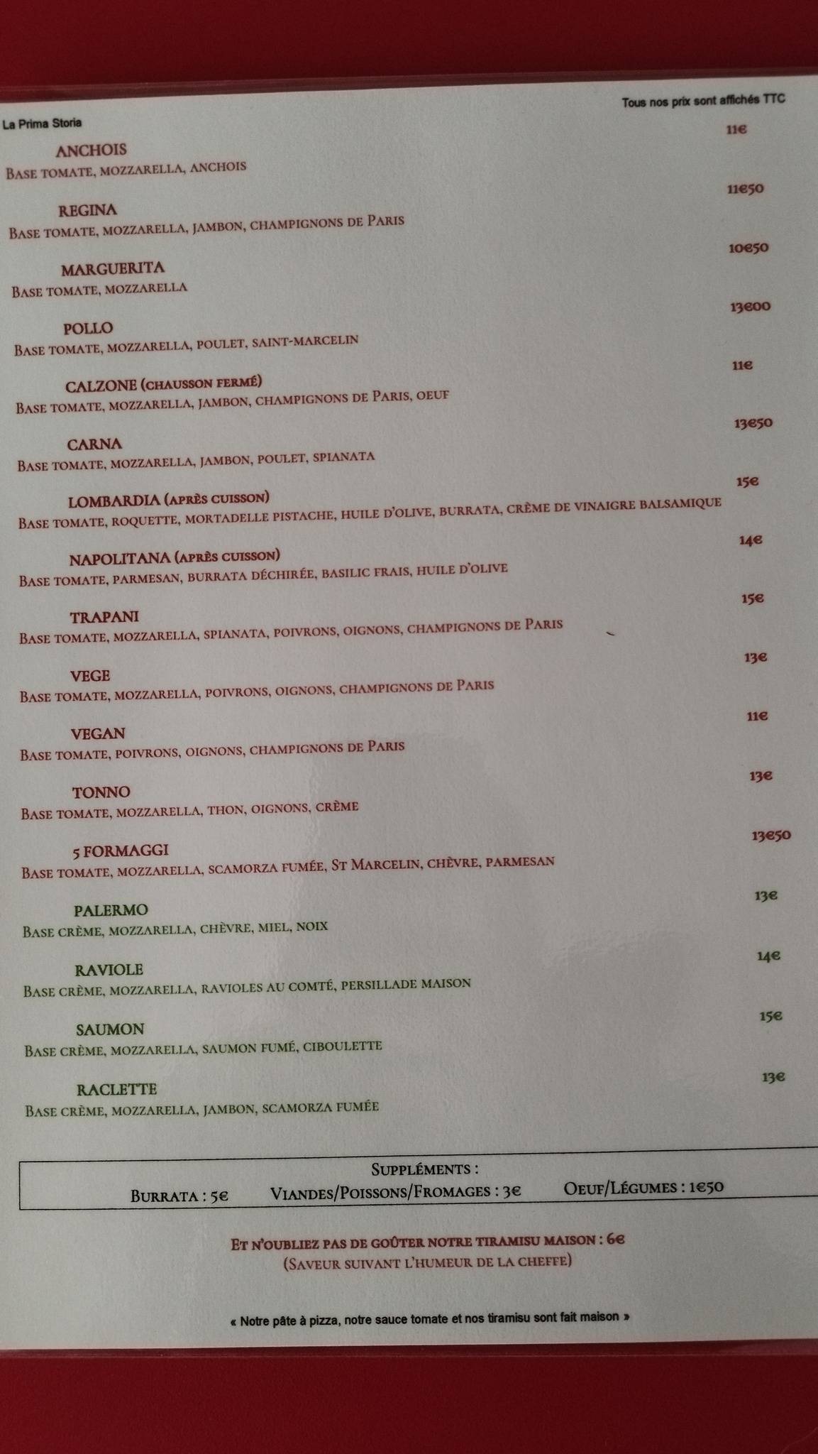 Menu au La Prima Storia restaurant, Charlieu