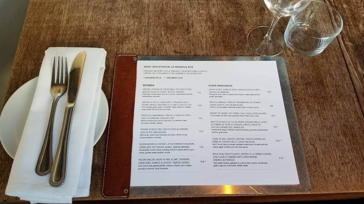 Menu au La Prunelle restaurant, Montréal