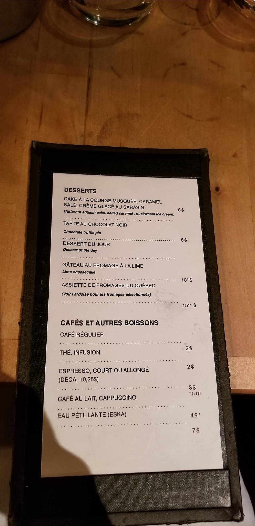 Menu au La Prunelle restaurant, Montréal