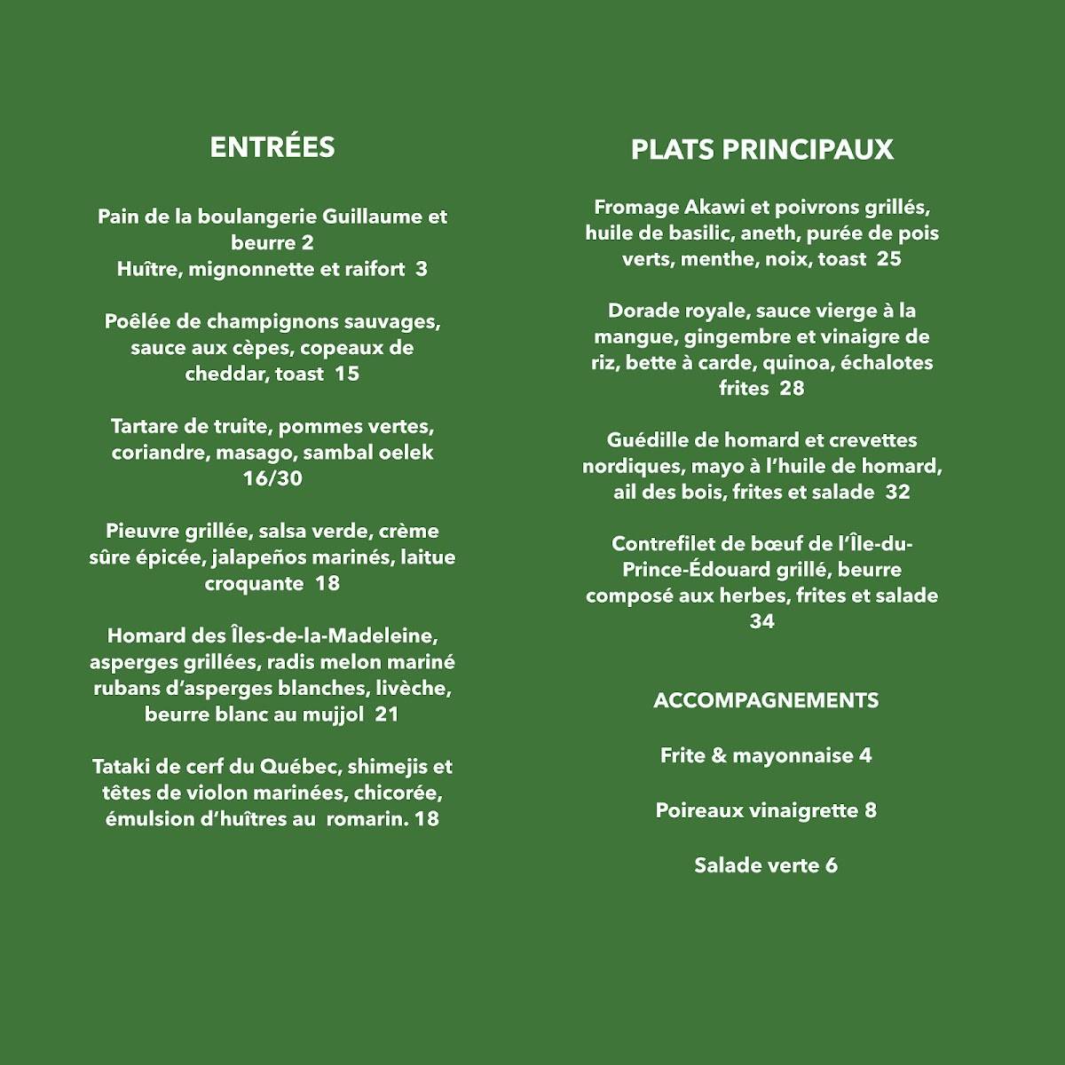 Menu au La Prunelle restaurant, Montréal