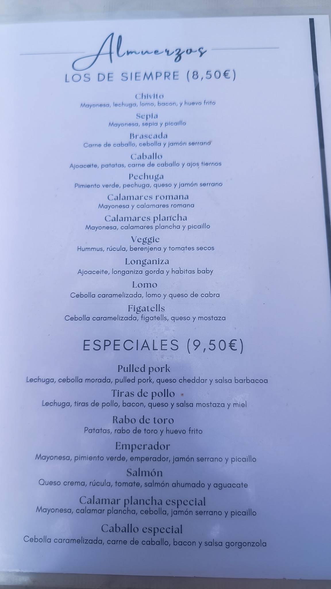 Carta del pub y bar La Quimera, Algemesí