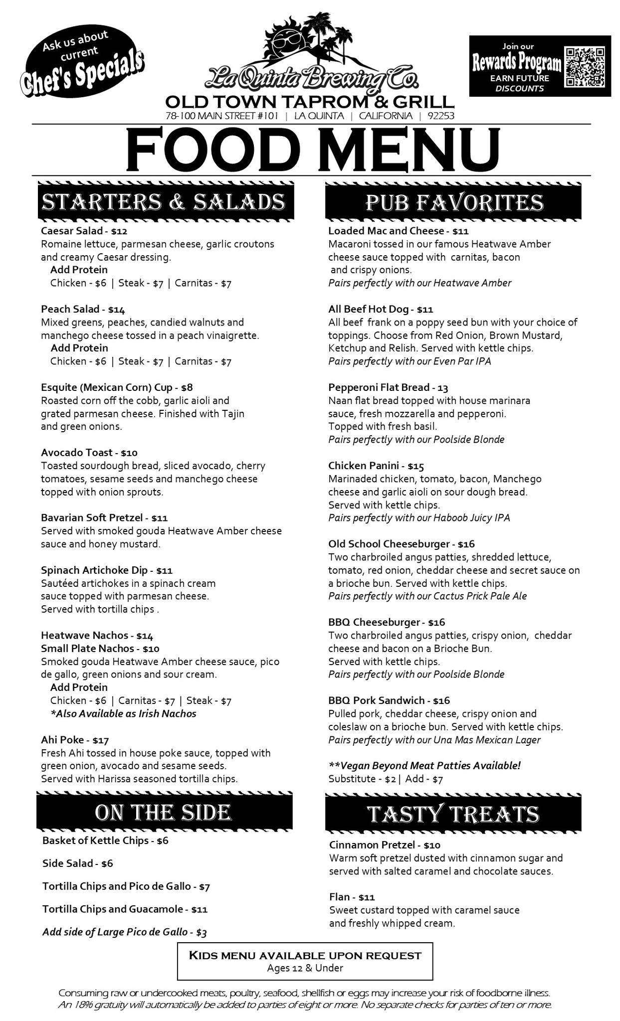 Menu at La Quinta Brewing Co Old Town Taproom & Grill pub & bar, La Quinta