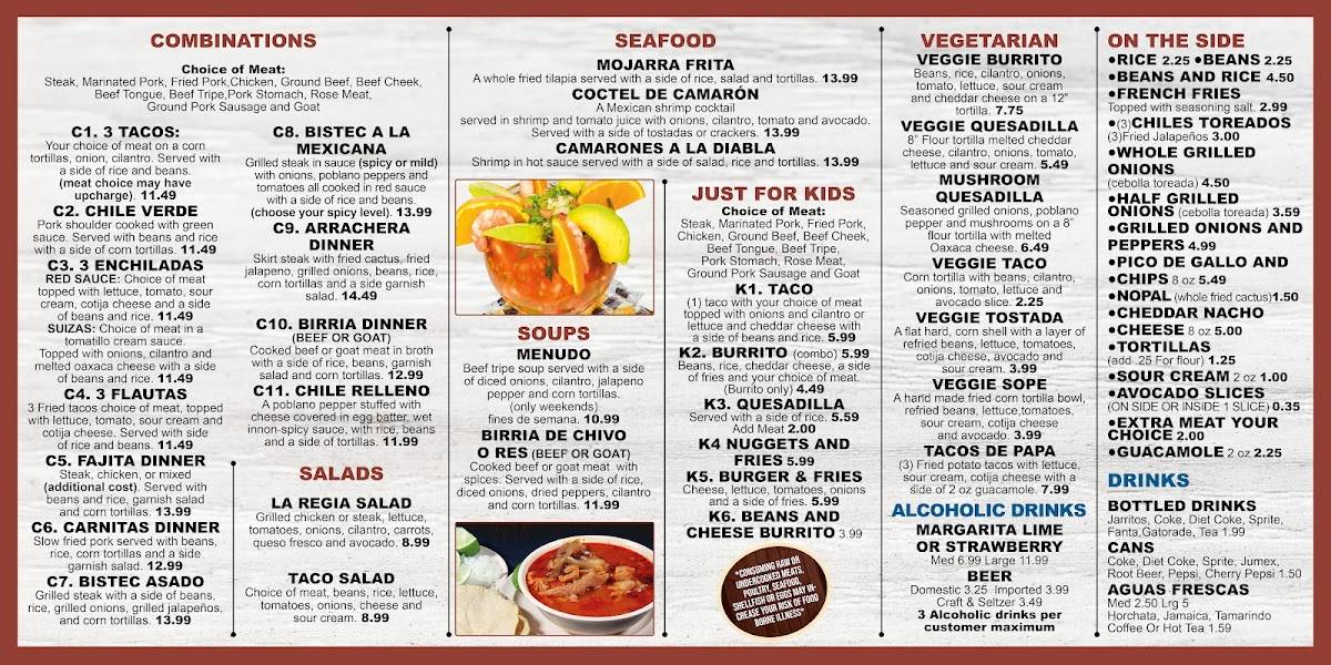 Menu at La Regia Taqueria restaurant, Iowa City, 436 Hwy 1 W