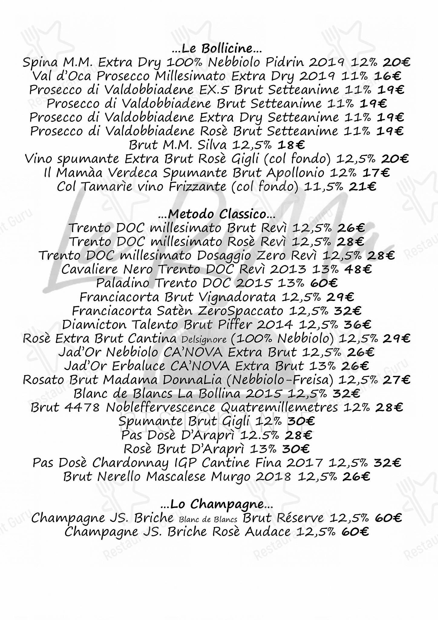 Menu da La Rima ristorante, Novara