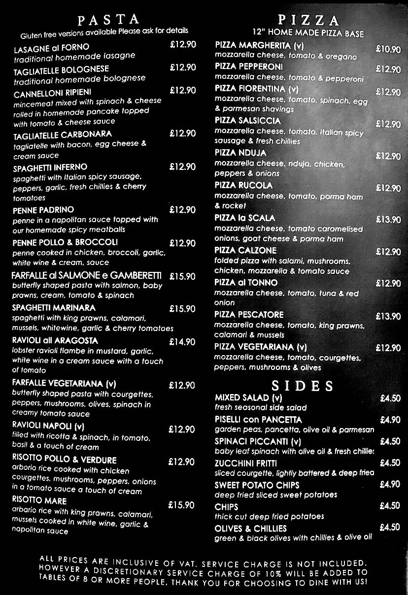 Menu at La Scala restaurant, Rochdale