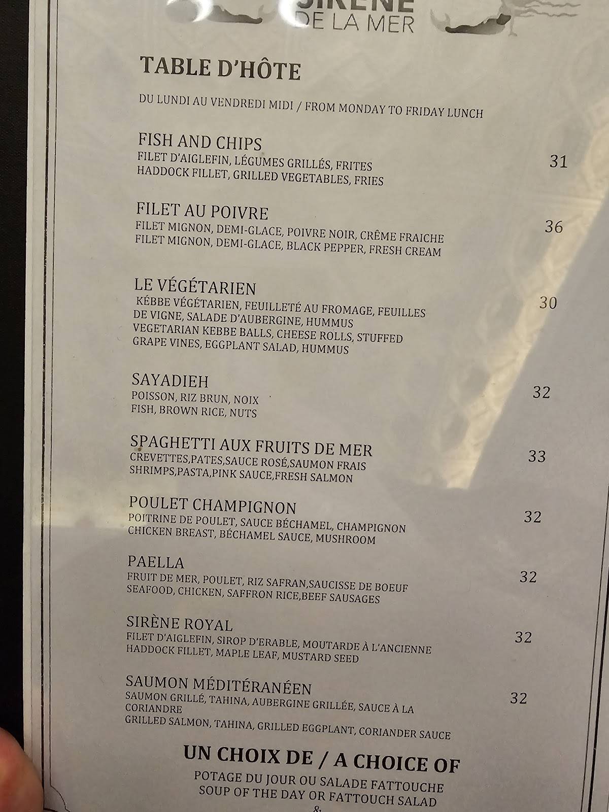 Menu at La Sirene de la Mer restaurant, Mount Royal, 114 Av. Dresden