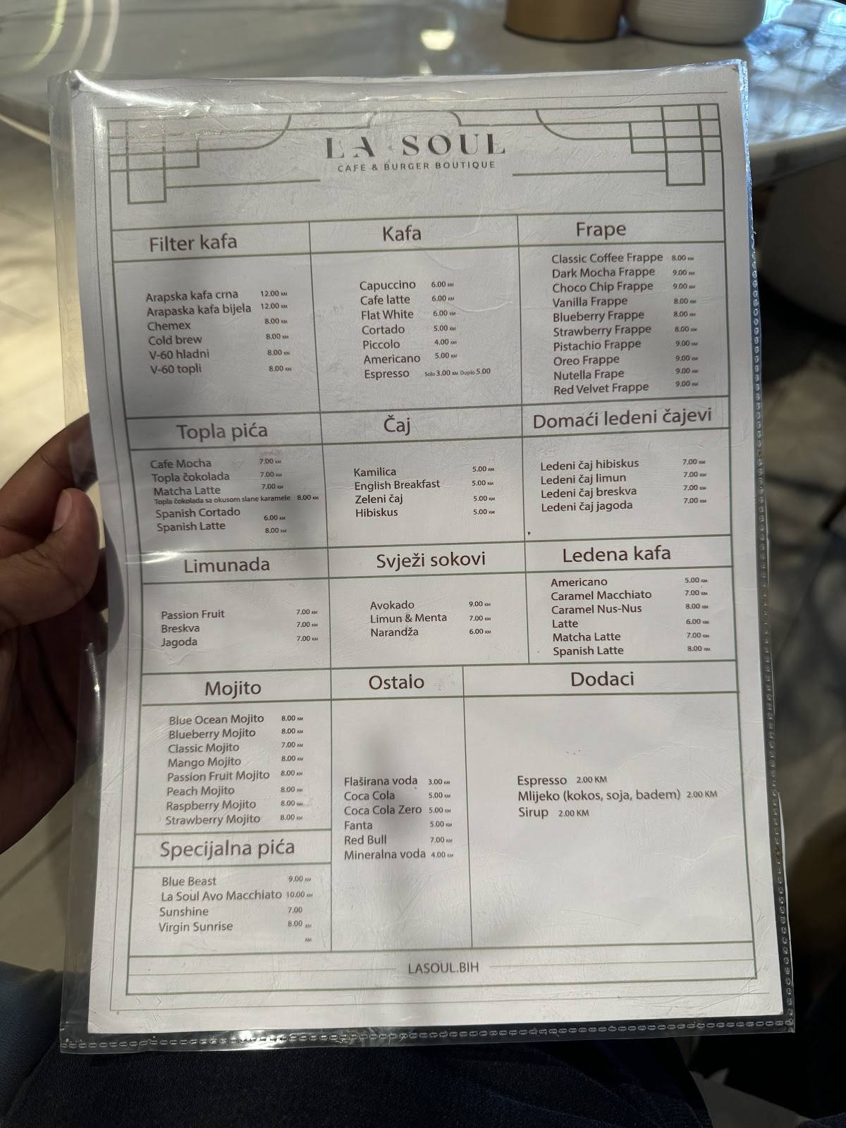 Menu at La Soul Cafe & Burger Boutique, Sarajevo