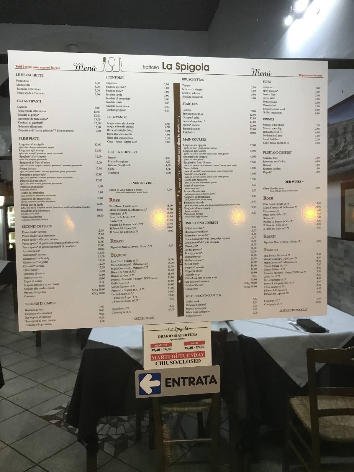 Menu da Trattoria La Spigola ristorante, Siracusa