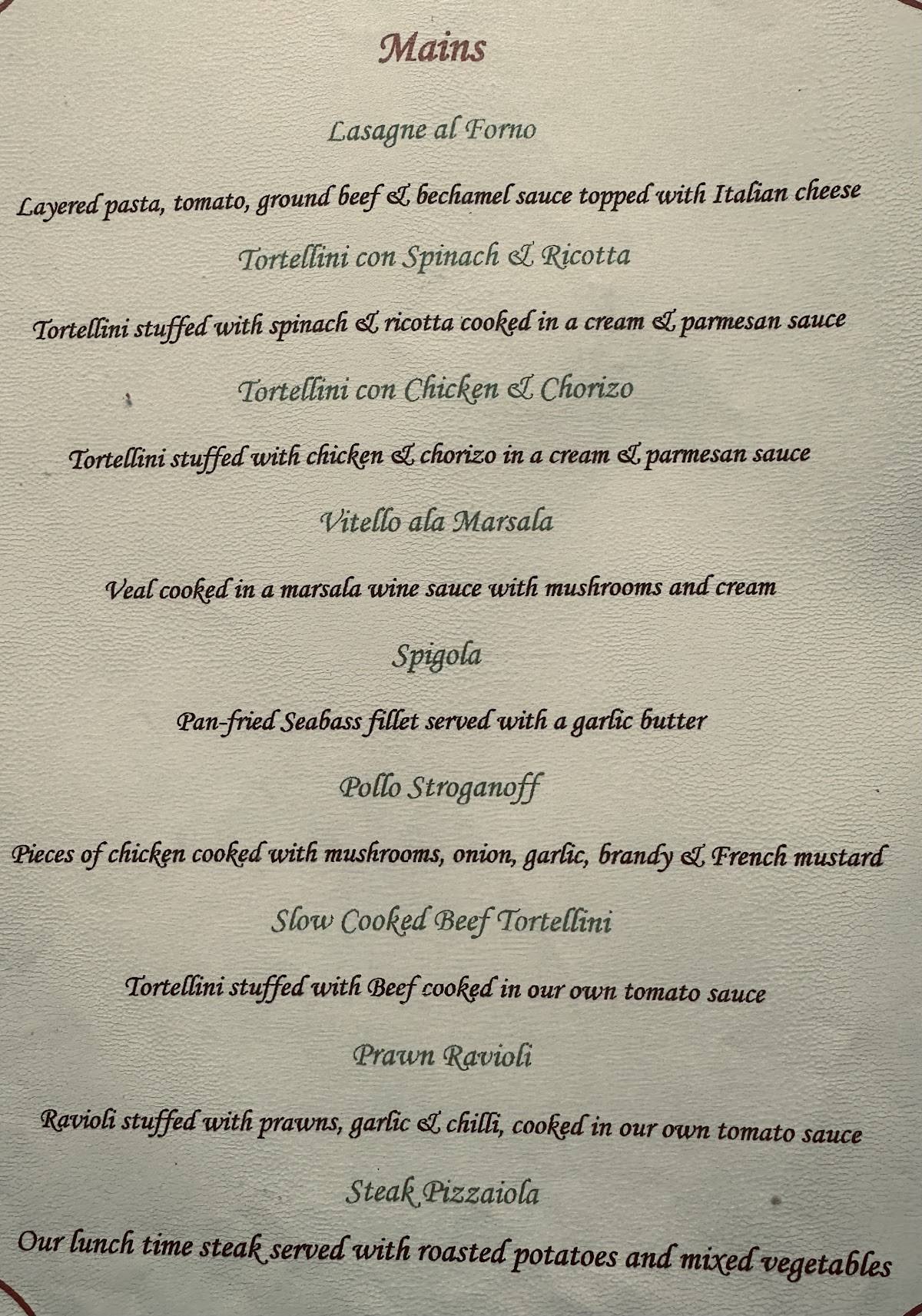 Menu at La Stalla Italian restaurant in Solihull, Coventry
