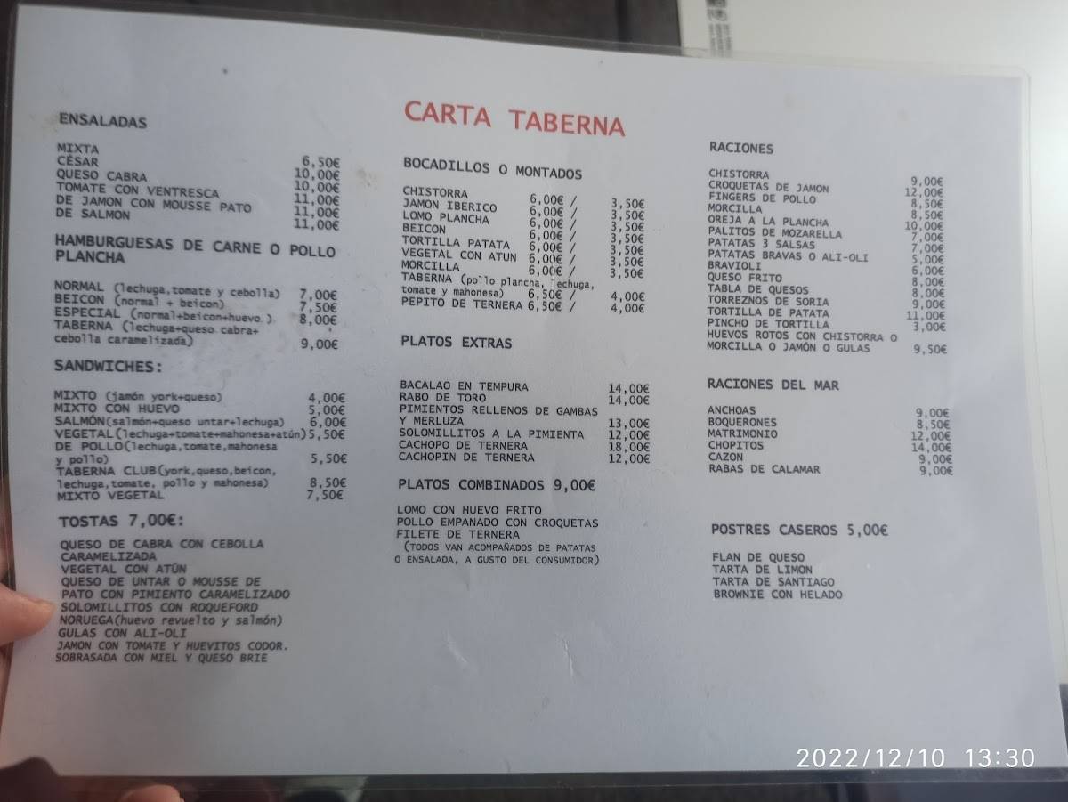 Carta del restaurante La Taberna, Bustarviejo, C. del la Cañada