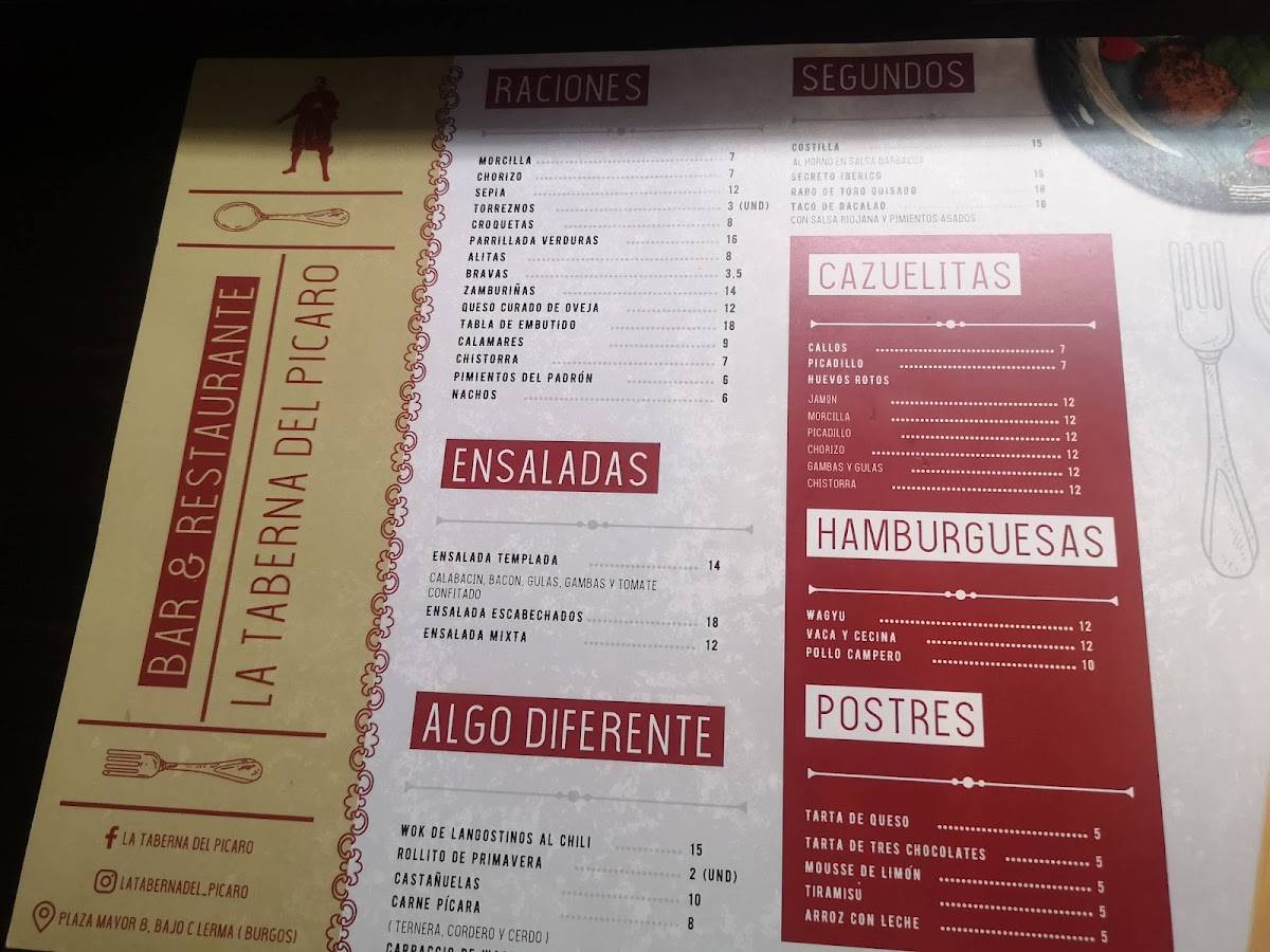 Carta del pub y bar La Taberna del Pícaro, Lerma